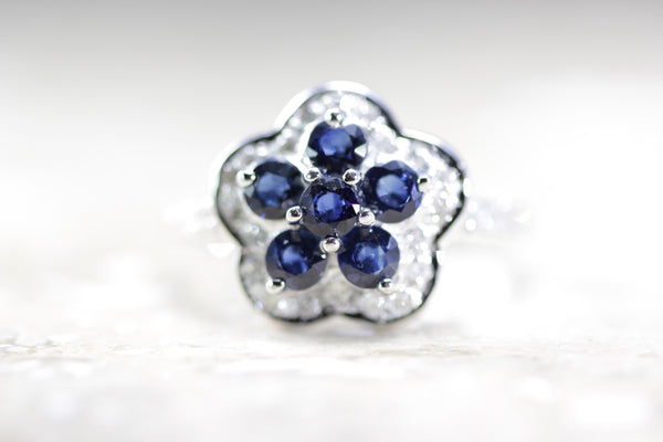 WHITE GOLD SAPPHIRE CLUSTER FLOWER SETTING & DIAMOND RING 1.16CT 14k ...